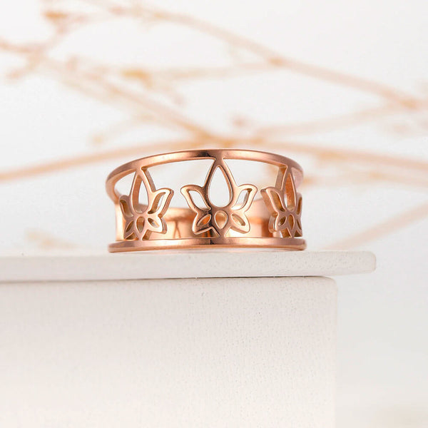Bague femme fleur de lotus acier or rose – Esoterique Paris
