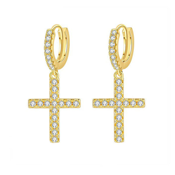 Boucles d'oreilles croix chrétienne cristaux or – Esoterique Paris